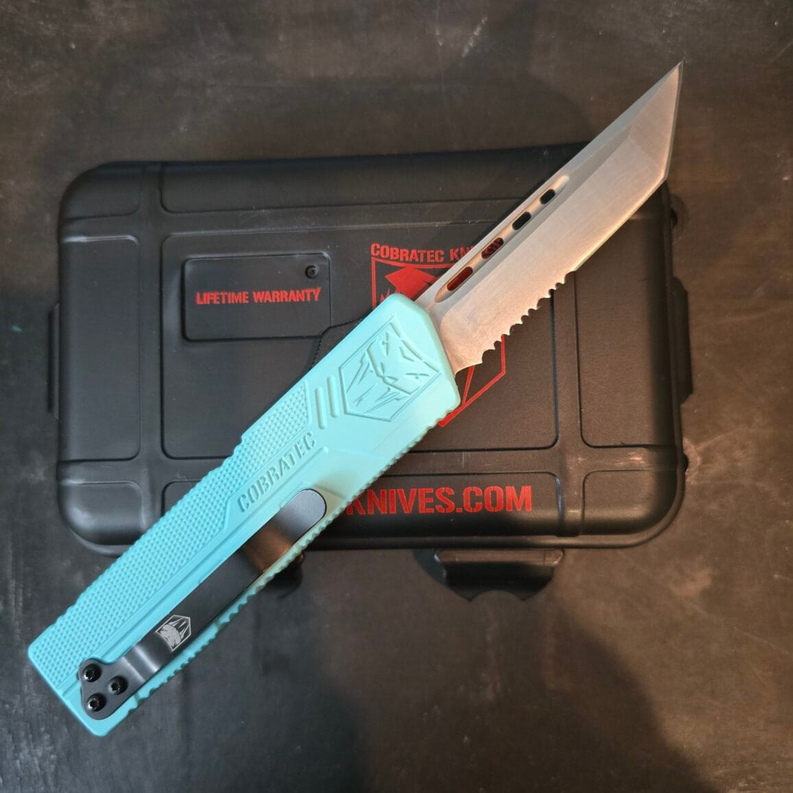 CobraTec Knives Lightweight Mint Blue OTF Serrated Tanto For Sale - TSA ...