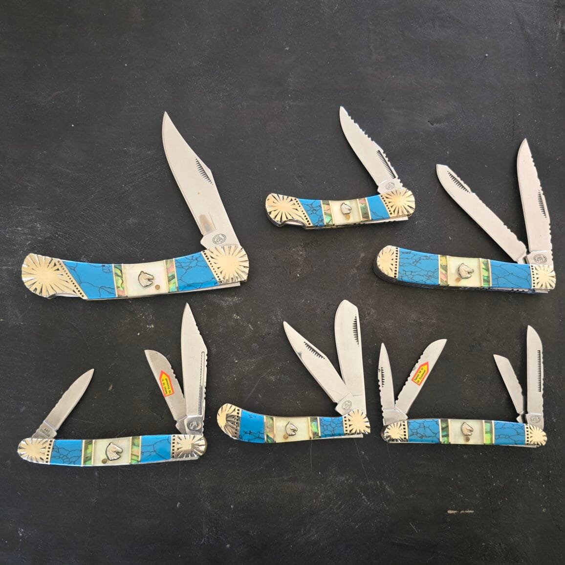 Frost Cutlery Silver Horse Turquoise Set of 6 Slip Joint Knives For ...