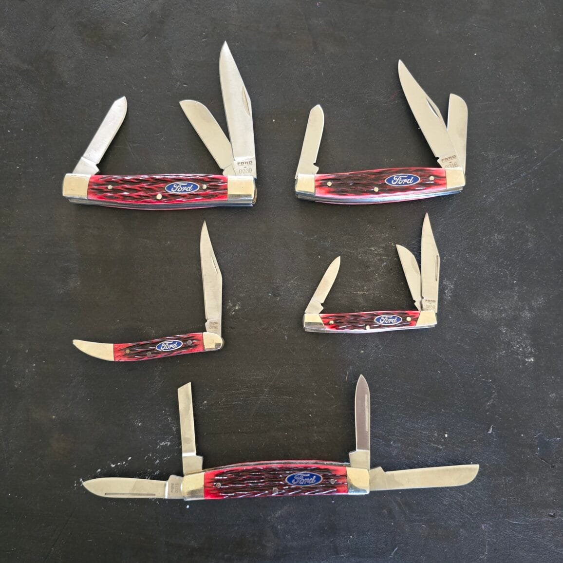 FORD Red Jigged Bone Set of 5 Slip Joint Knives For Sale - TSA Knives